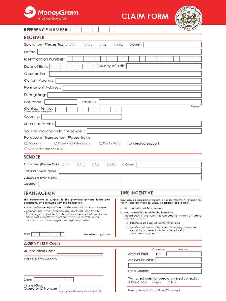 Moneygram BNB Claim Form 2023.06 | PDF | Money | Currency