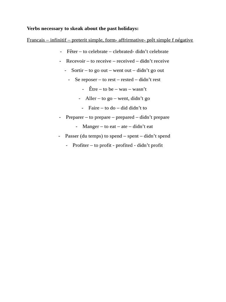 Verbs Necessary to Skeak About the Past Holidays | PDF
