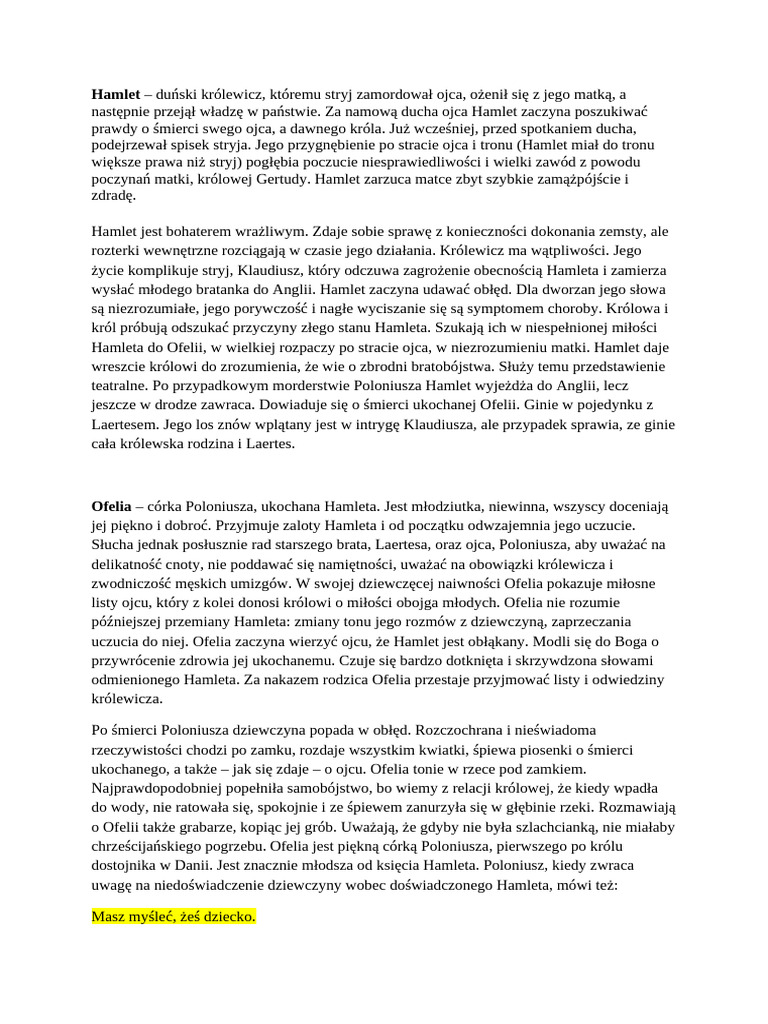 Hamlet Charakterystyka Postaci | PDF