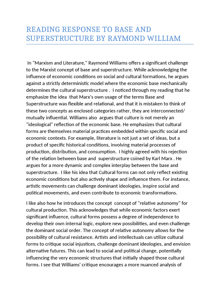 Reading Response To Base and Superstructure by Raymond William | PDF ...