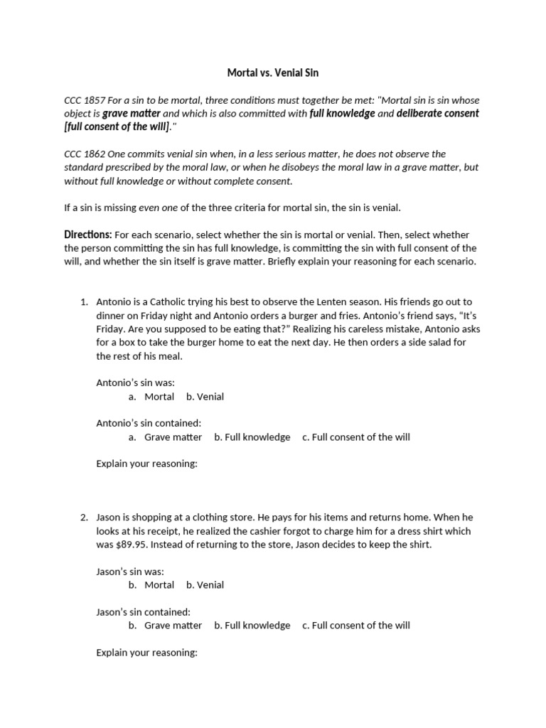Mortal vs. Venial Sin Assignment | PDF | Sin | Christian Hamartiology