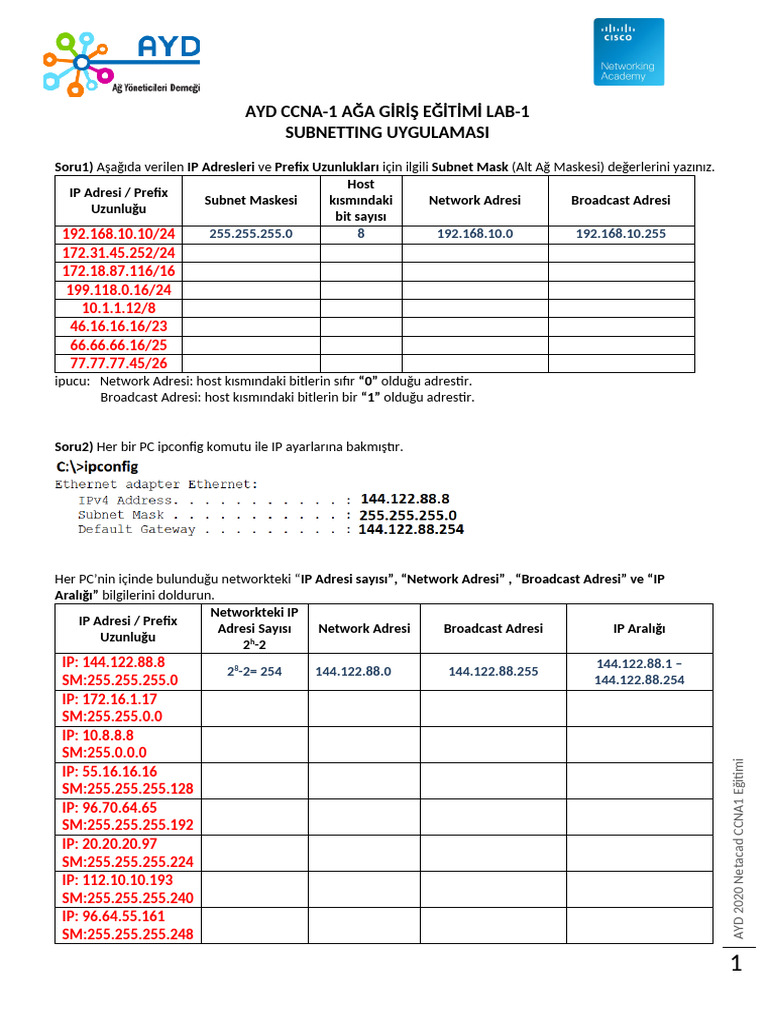 AYD CCNA1 Lab1 Subneting | PDF