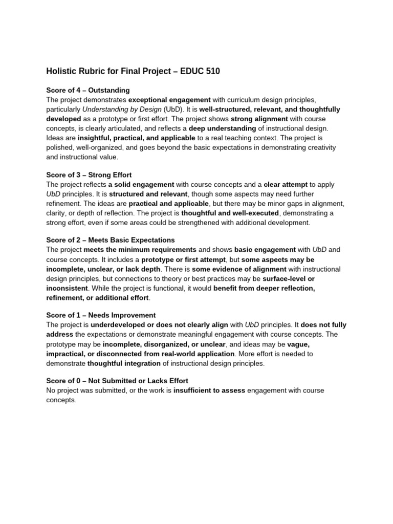 Holistic Rubric For Final Project - EDUC 510 | PDF