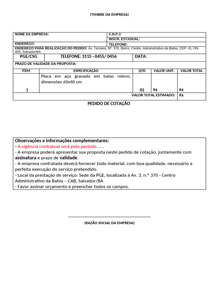 Modelo Pedido de Cotação 1 | PDF