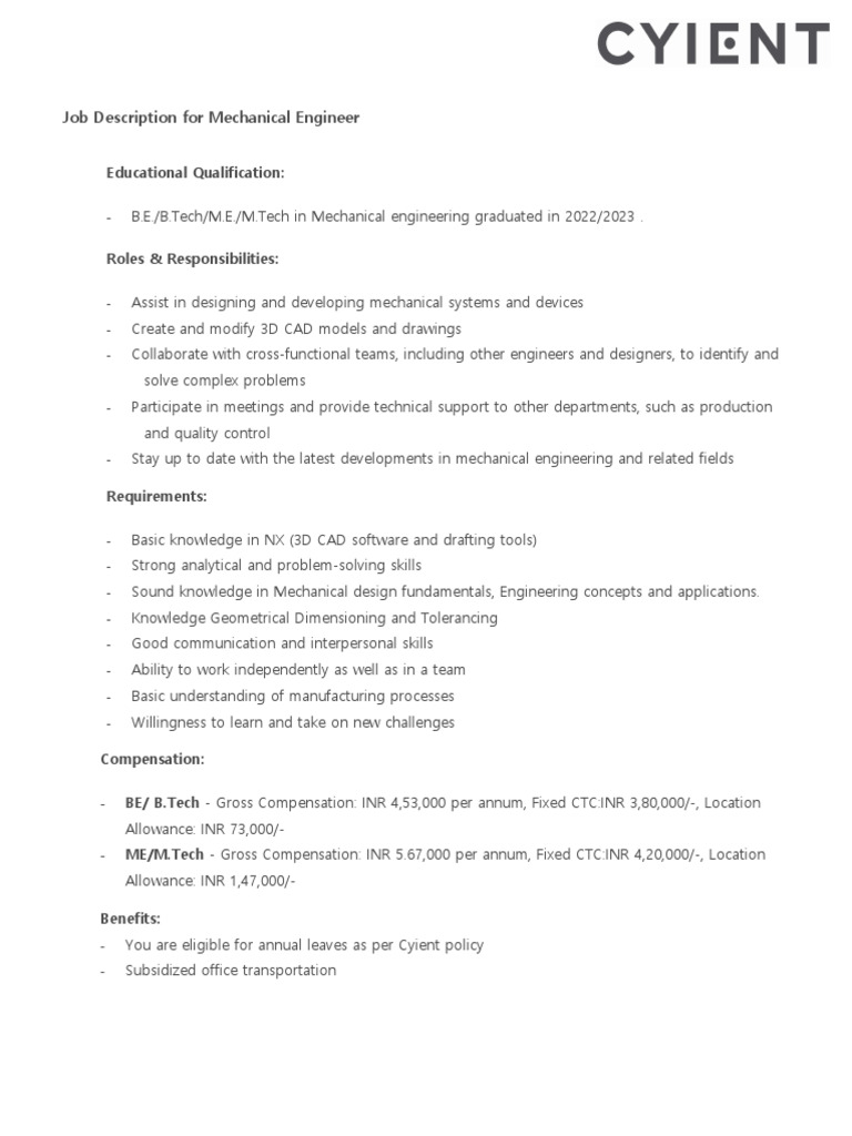 Mechanical Engineer Job Description 2023 | PDF | Mechanical Engineering ...