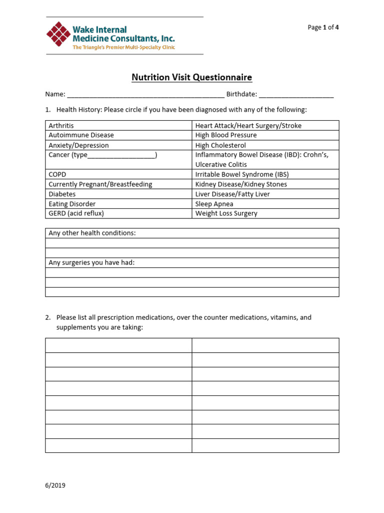 Nutrition Visit Questionnaire Template | PDF | Medical Specialties ...