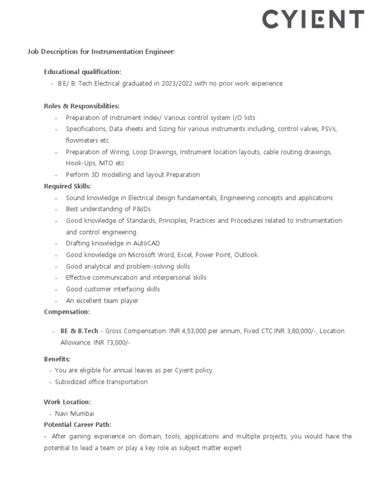 Instrumentation Engineer Job Opening | PDF