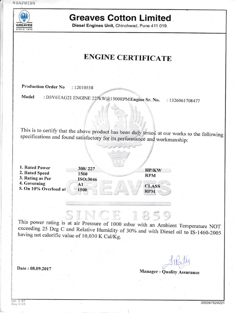 Engine Certificate | PDF