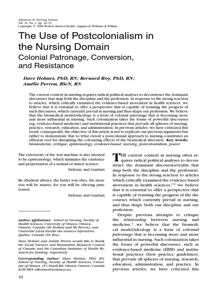 The Use of Postcolonialism in the Nursing Domain_Colonial Patronage, Conversion, and Resistance ...
