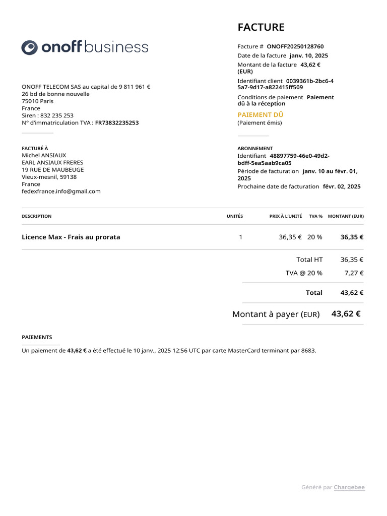 Facture ONOFF TELECOM - 43,62 € | PDF | Paiements | Services (Économie)