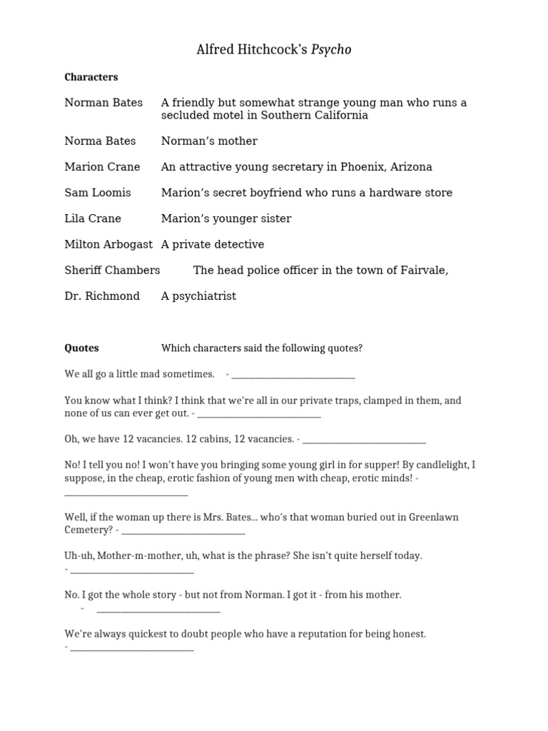 Characters and Quotes in Psycho | PDF