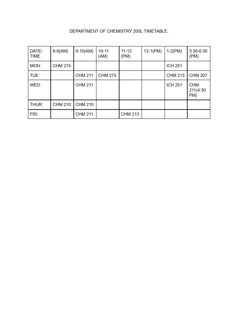 Department of Chemistry 200l Timetable | PDF