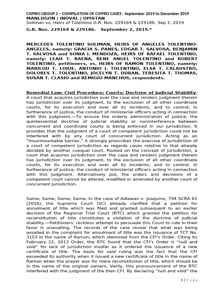 Soliman vs. Heirs of Ramon Tolentino G.R. Nos. 229164 & 229186 ...