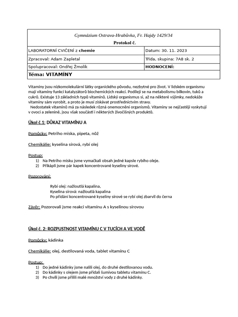 PROTOKOL Vitamíny - Septima | PDF