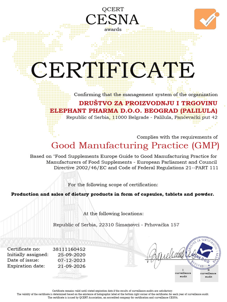 GMP Certificate for Elephant Pharma | PDF | Dietetics | Pharmacology