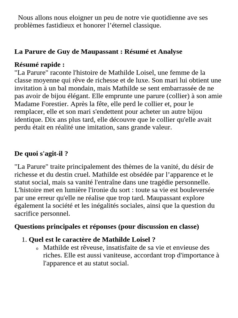 Questionnaire sur "La Parure" avec corrigé | PDF
