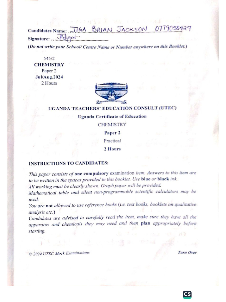 UTEC p2 Chemistry S4. 2024 Suggested Scoring Scheme. | PDF