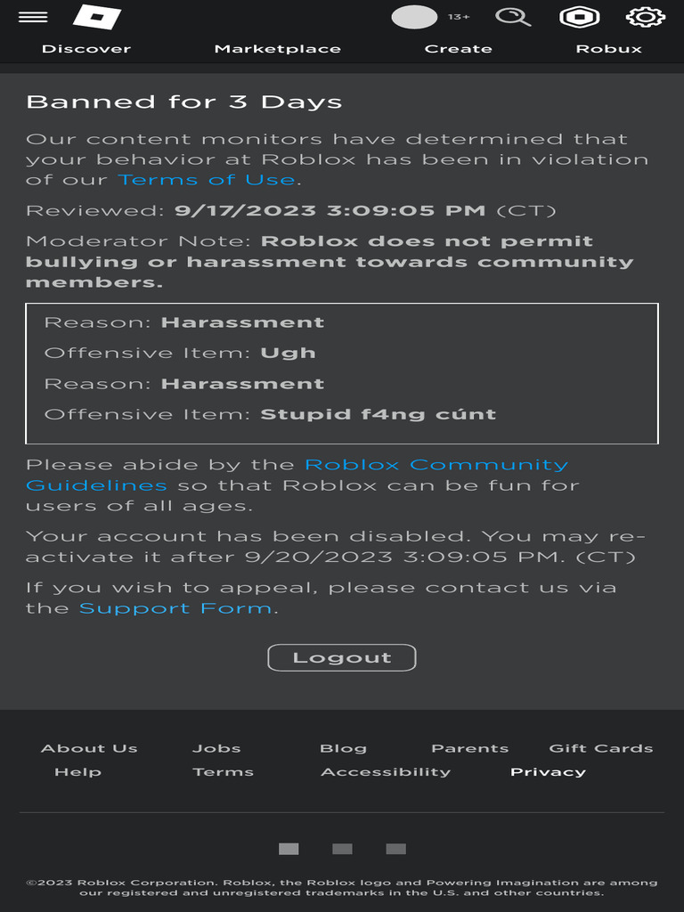 Roblox Account Suspension Notice | PDF