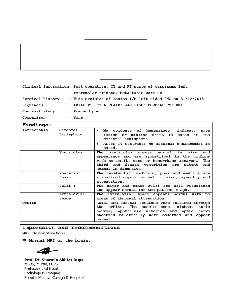 Normal Brain MRI Report Summary | PDF | Magnetic Resonance Imaging ...