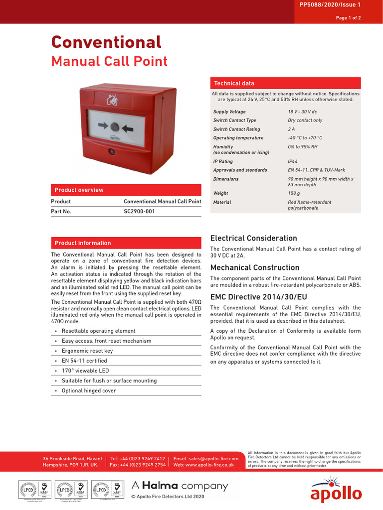 Apollo Conventional Manual Call Point sc2900 001apo | PDF ...