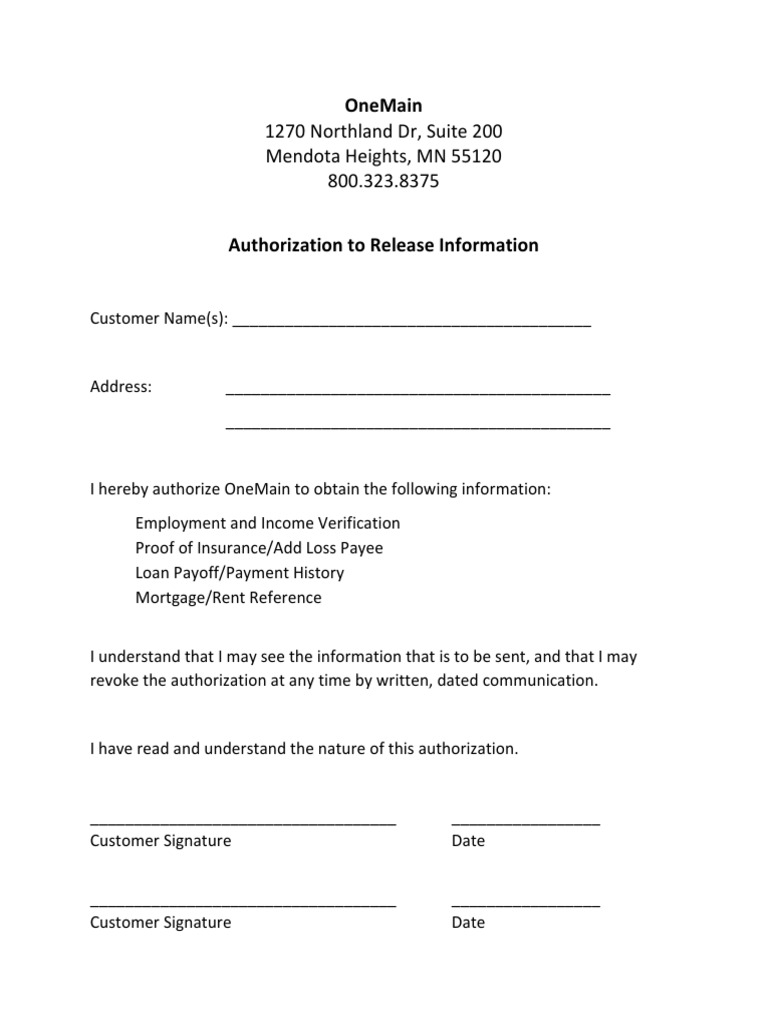 OneMain Authorization Form Template | PDF