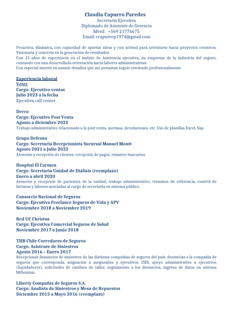 Curriculum Claudia Capurro 2024 | PDF | Seguro | Economias