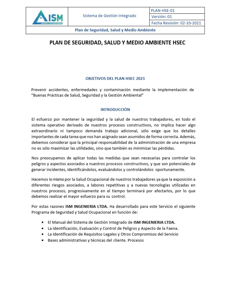 PLAN DE SEGURIDAD, SALUD Y MEDIO AMBIENTE ISM | PDF | Seguridad y salud ocupacional | La ...