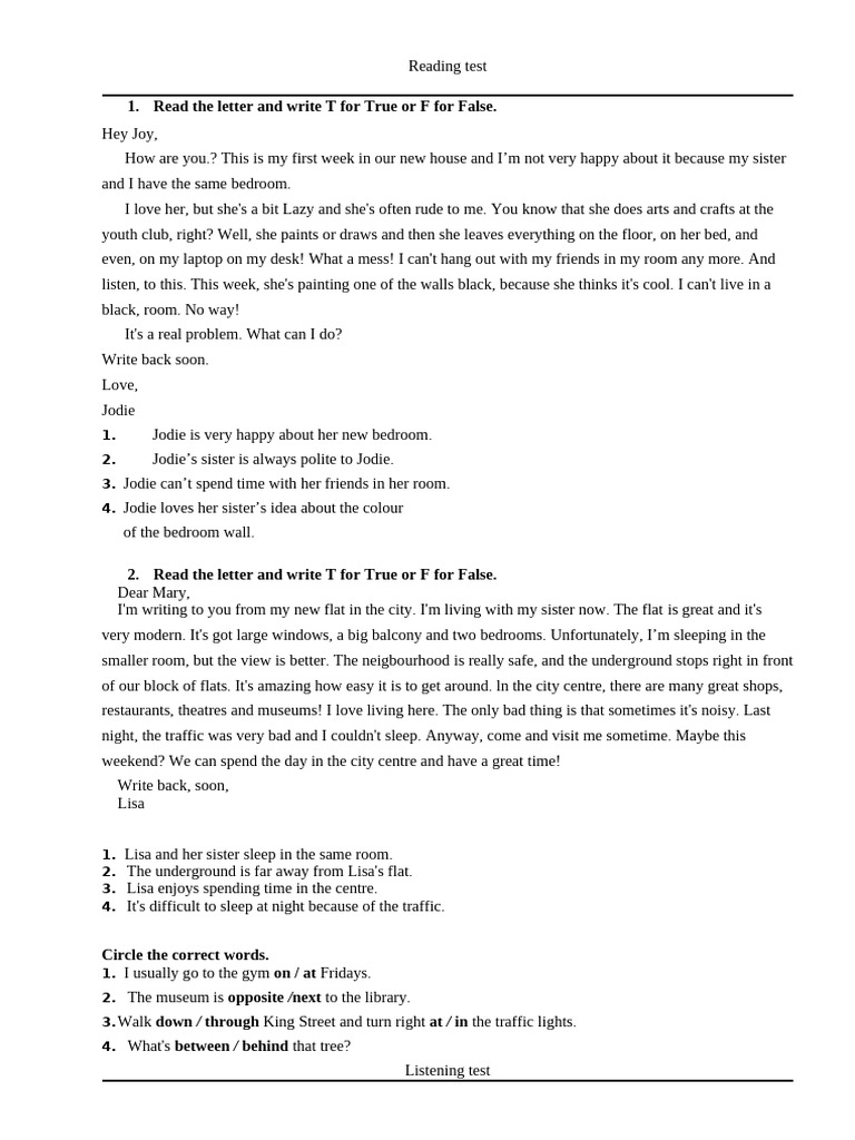 Reading and Listening Test Questions | PDF