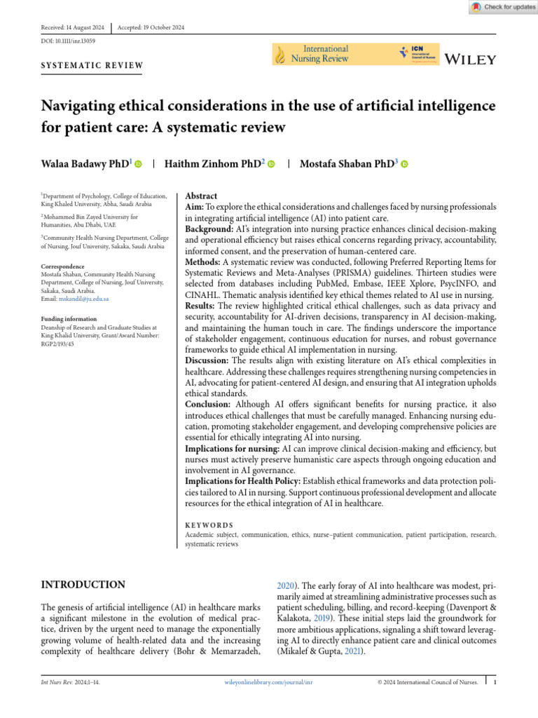 International Nursing Review - 2024 - Badawy - Navigating ethical considerations in the use of ...