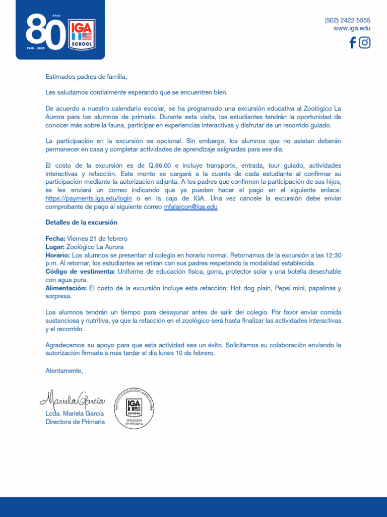 Excursión Escolar al Zoológico La Aurora | PDF