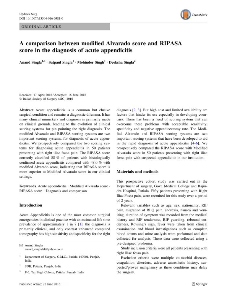 A Comparison Between Modified Alvarado Score and RIPASA | PDF ...