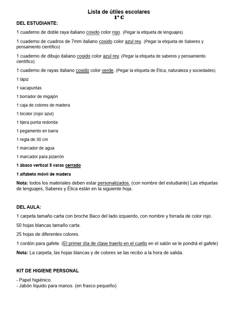 Lista de Utiles Escolares - 1c - 2024-2025 | PDF