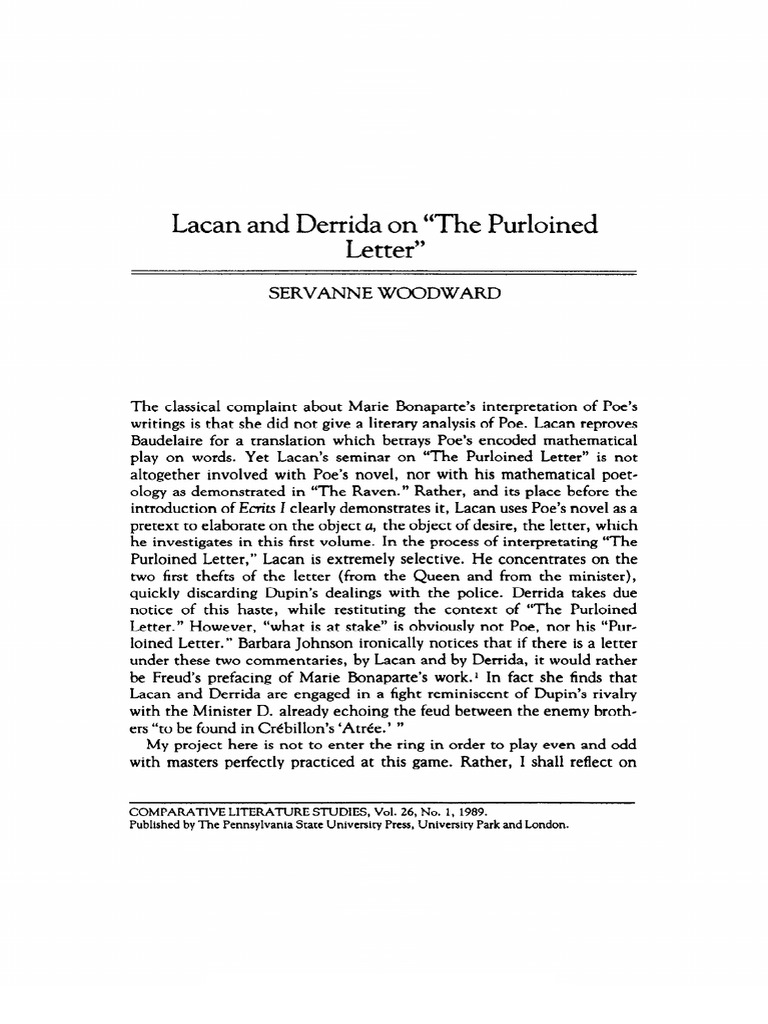 Woodward Servanne Lacan and Derrida Purloined Letter | PDF