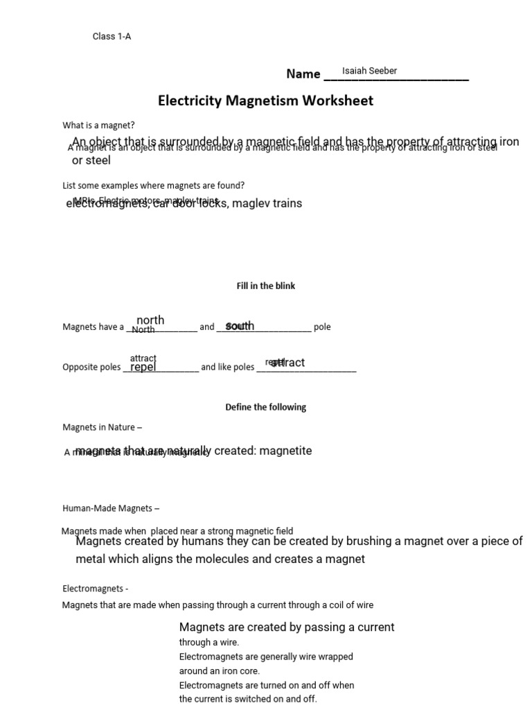 Electricity Magnetism Worksheet | PDF
