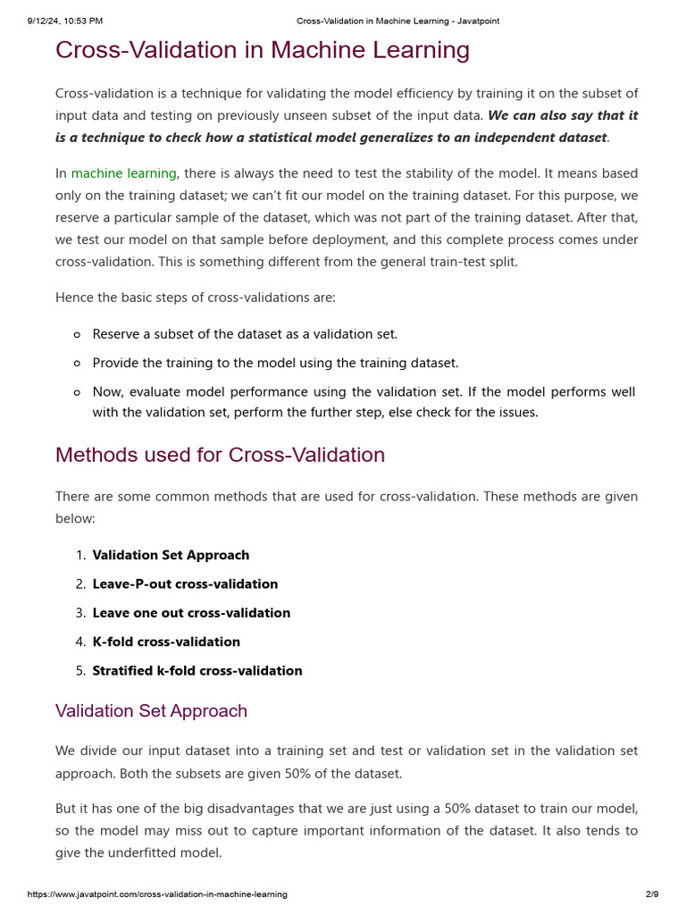 Cross-Validation in Machine Learning - Javatpoint | PDF | Cross Validation (Statistics) | Learning