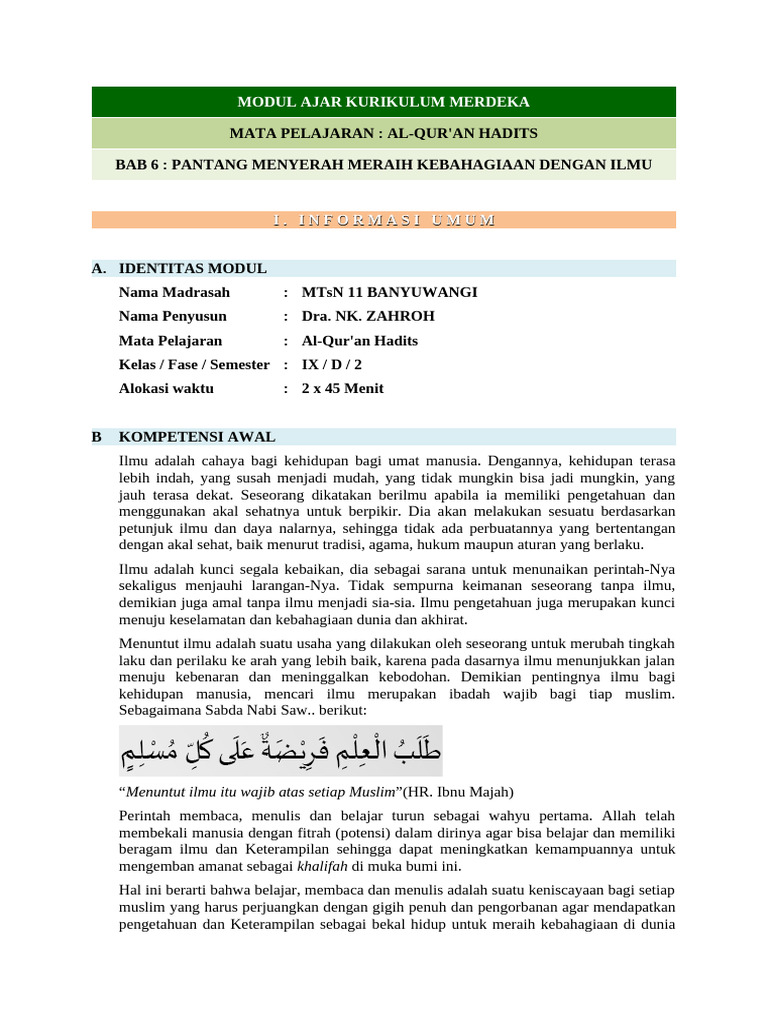 Modul Qurdis 9 Bab 6 - Pantang Menyerah Meraih Kebahagiaan Dengan Ilmu | PDF