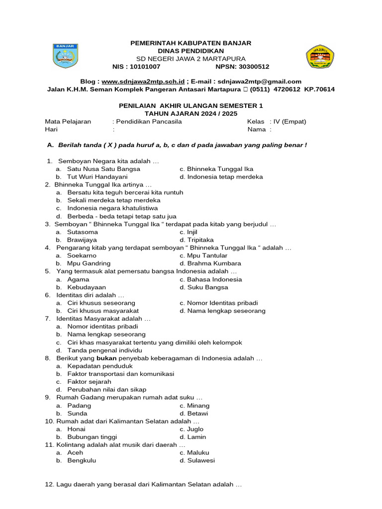 Penilaian Akhir Ulangan Semester 1 | PDF