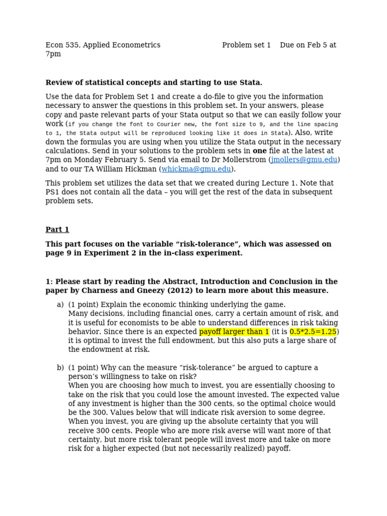 GMU Econ535-Applied Econometrics Problem Set1 (PS1) Solutions Spring 2024 | PDF | Student's T ...