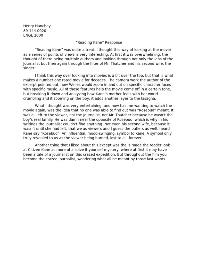 Reading Kane Response | PDF