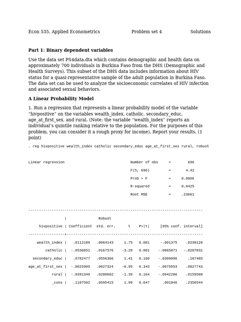 GMU Econ535-Applied Econometrics Problem Set4 (PS4) Solutions Spring 2024 | PDF | Regression ...