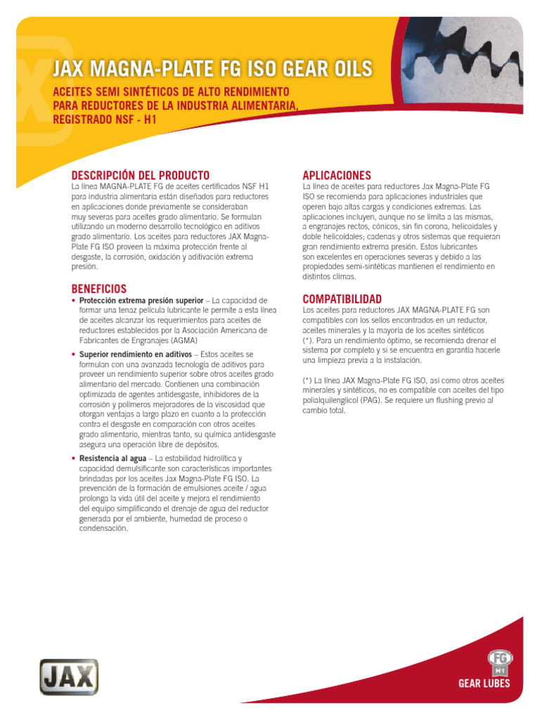 Aceites JAX Magna-Plate FG ISO H1 | PDF | Engranaje | Lubricante