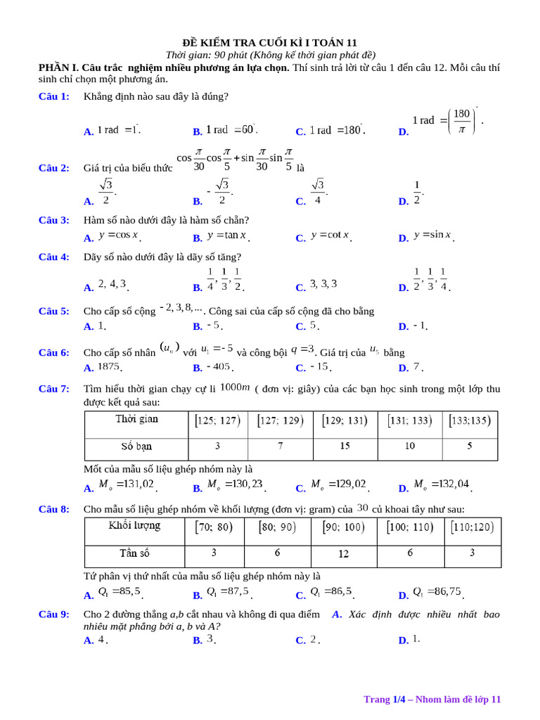 Đề 01 CK1 Toán 111 | PDF