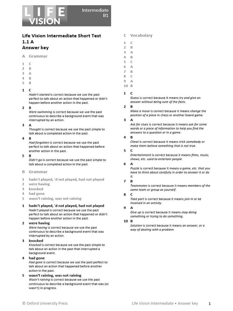 Lif Visi Int Short 1-1a Answer Key | PDF