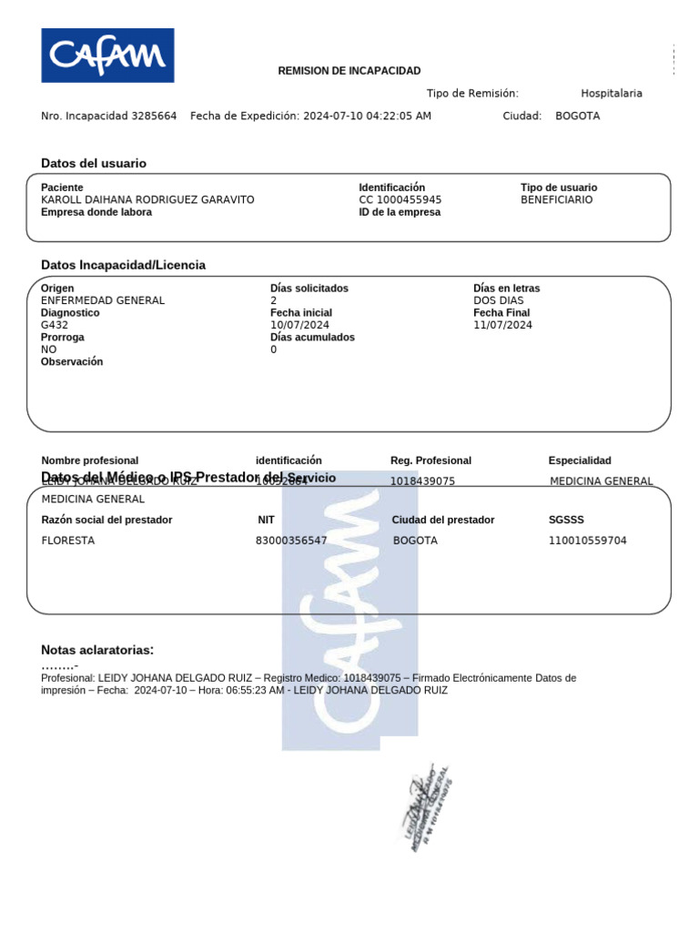 Incapacidad Cafam 10y11 | PDF