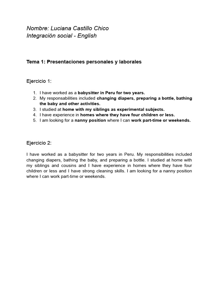 Nanny Resume for Luciana Castillo Chico | PDF