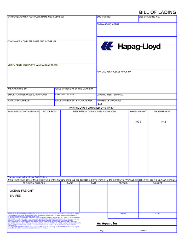 Bill of Lading Template in Excel | PDF | Bill Of Lading | Cargo