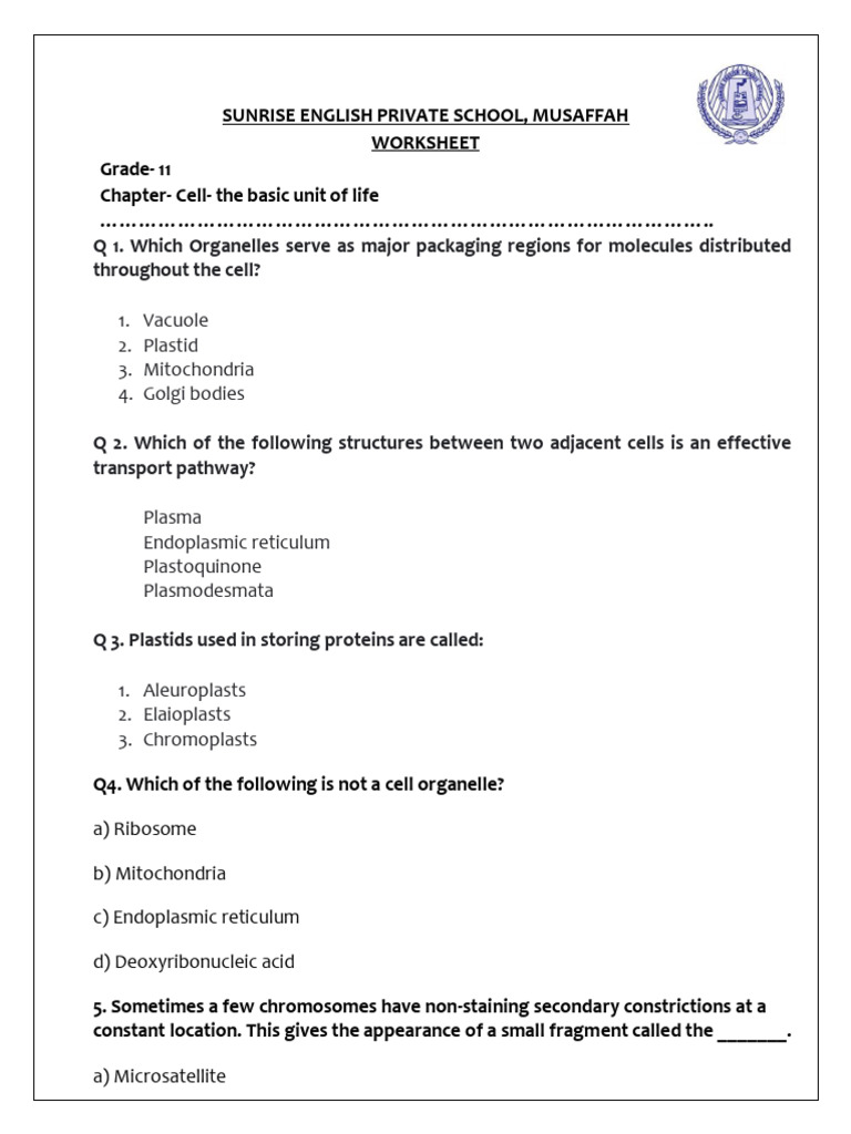 Cell The Basic Unit of Life - Worksheet.. | PDF | Cell (Biology) | Cell ...