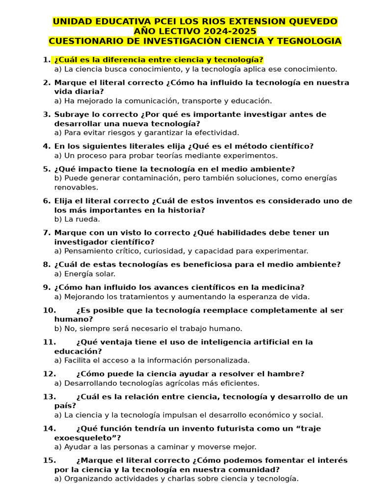 Cuestionario sobre Ciencia y Tecnología | PDF