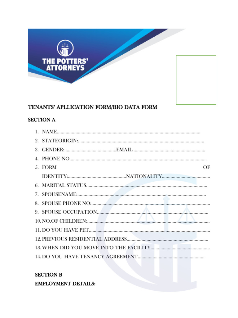 Tenant Application and Bio Data Form | PDF | Landlord–Tenant Law | Property