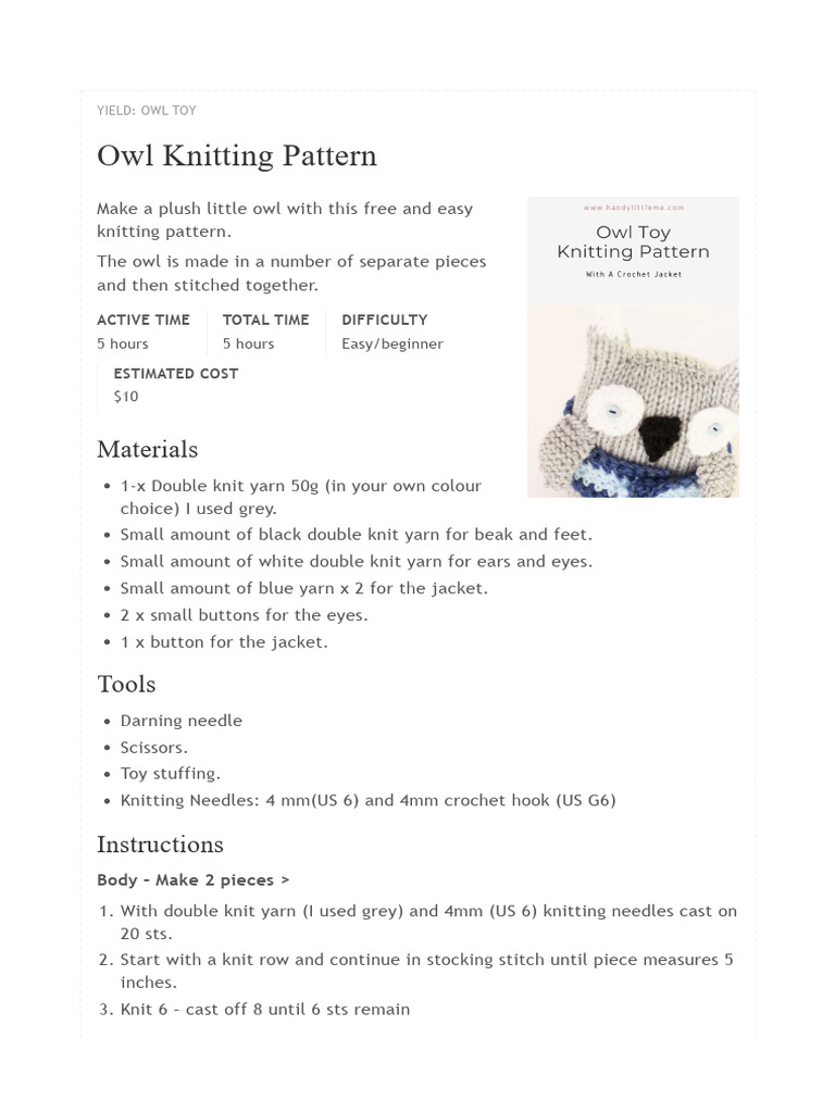 Free Easy Owl Knitting Pattern | PDF | Knitting | Crochet